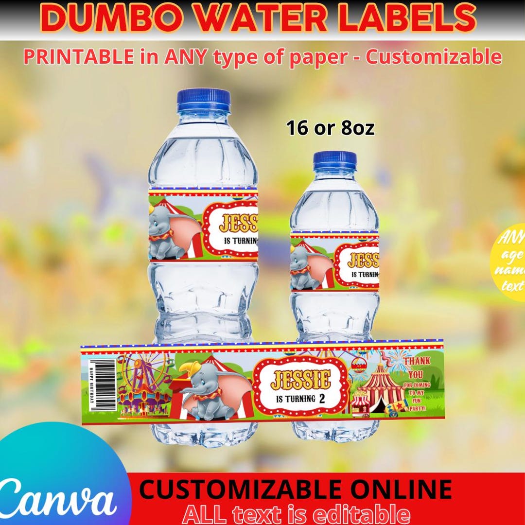 Dumbo Birthday Water Labels. Editable in CANVA - Etsy