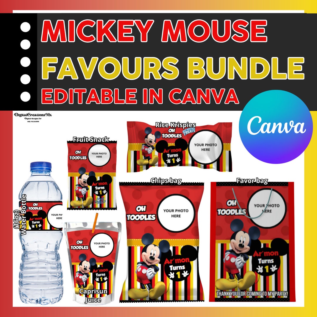 Labels for Mickey Mouse 6 Party Pack, Water Bottle, Chip, Rice Krispies ...