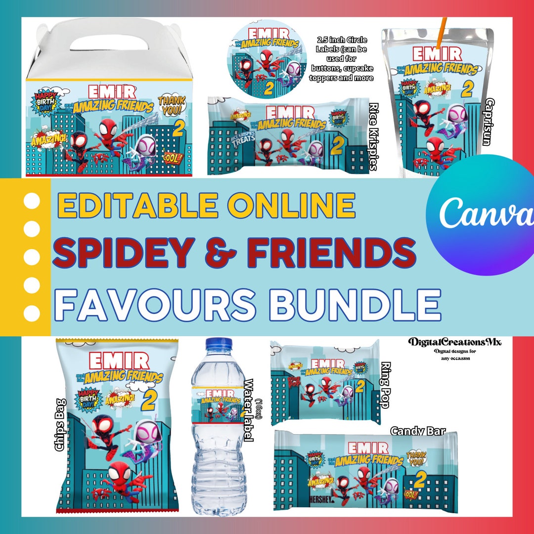 Spidey and His Amazing Friends 8 Party Labels, Water Bottle, Chip ...
