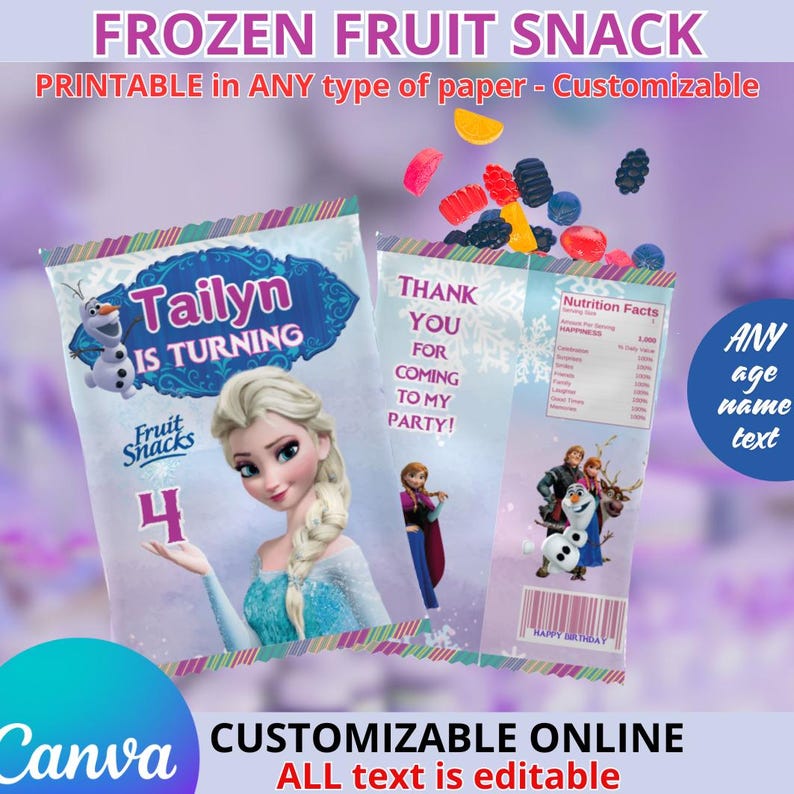 Frozen - Fruit Snack Templete. Editable in CANVA - Etsy