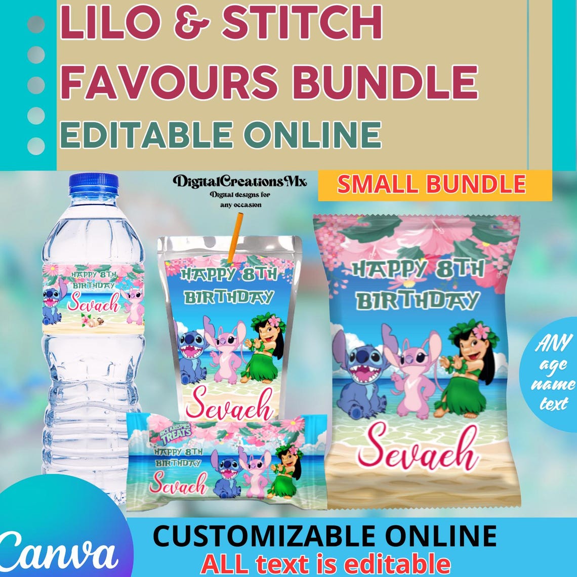 Lilo Angel & Stitch 4 Party Favors, Water Bottle, Chip, Rice Krispies ...