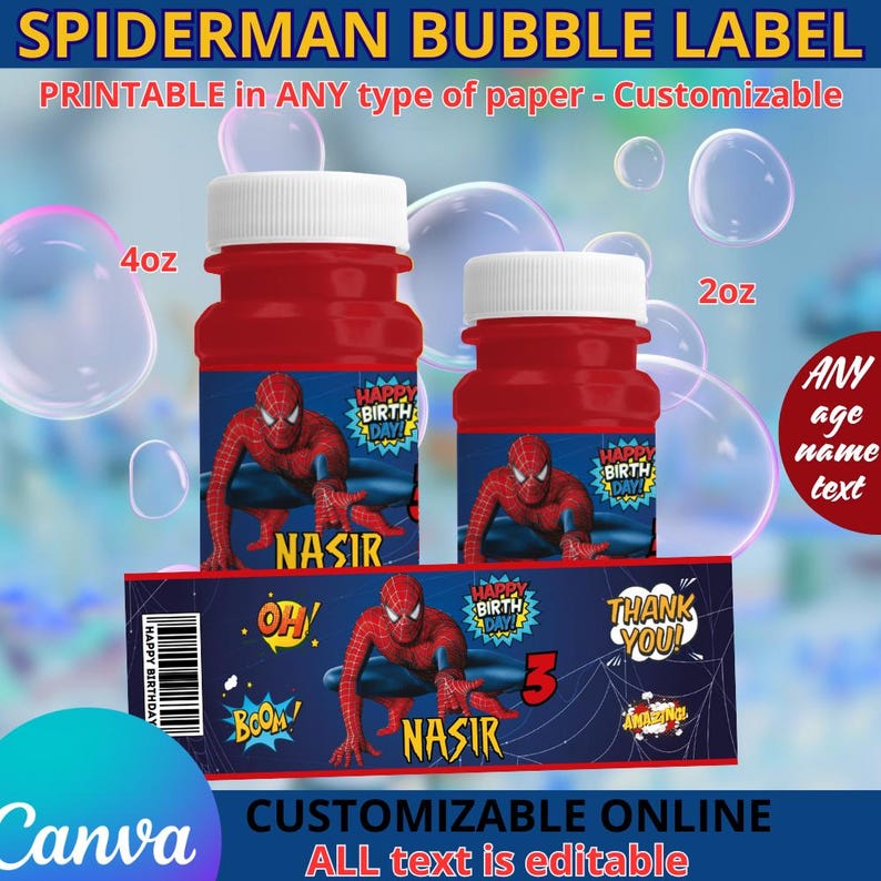 Spiderman - Bubble Label Templete 4 and 2oz. Editable in CANVA - Etsy