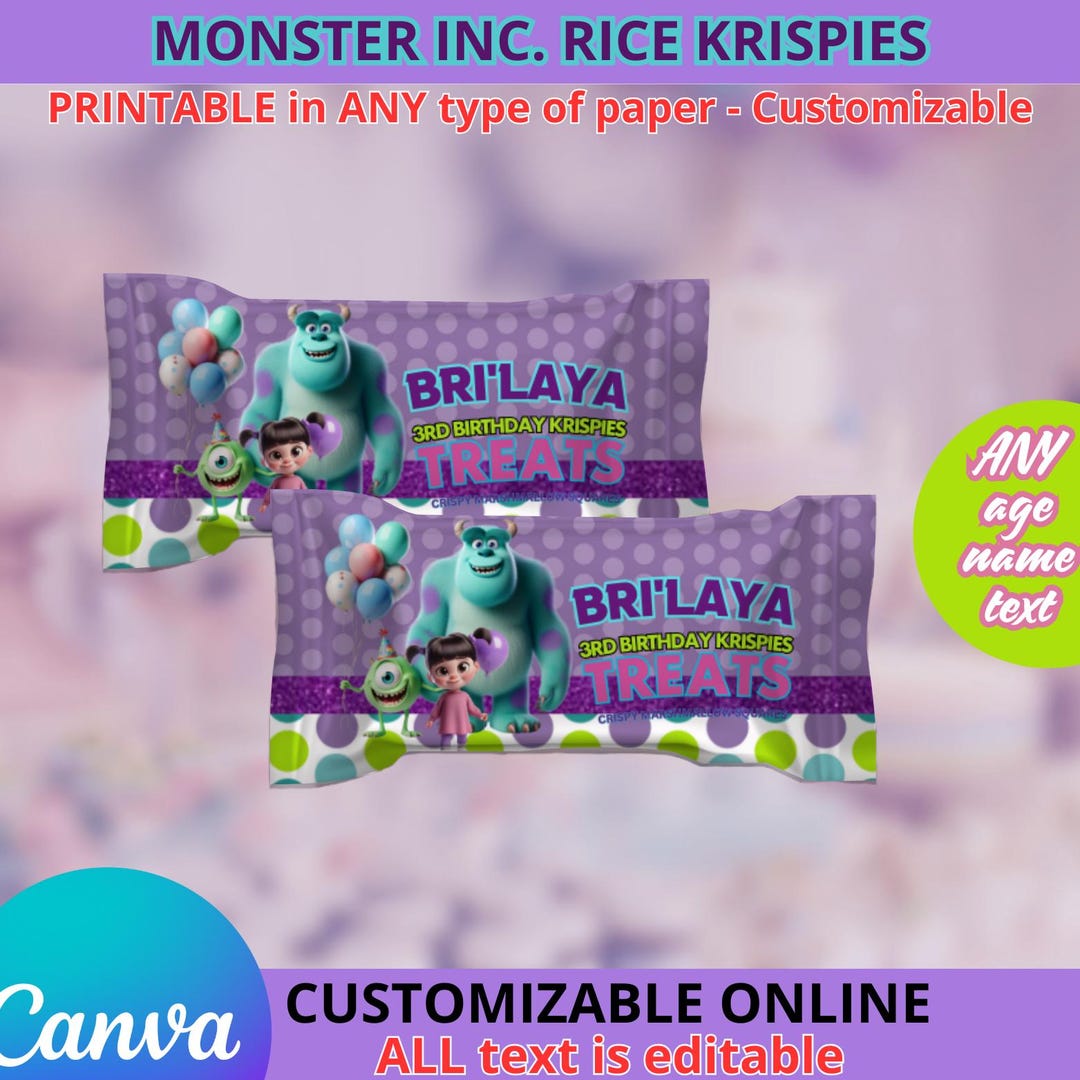 Monsters INC Rice Krispies Templete. Editable in CANVA - Etsy