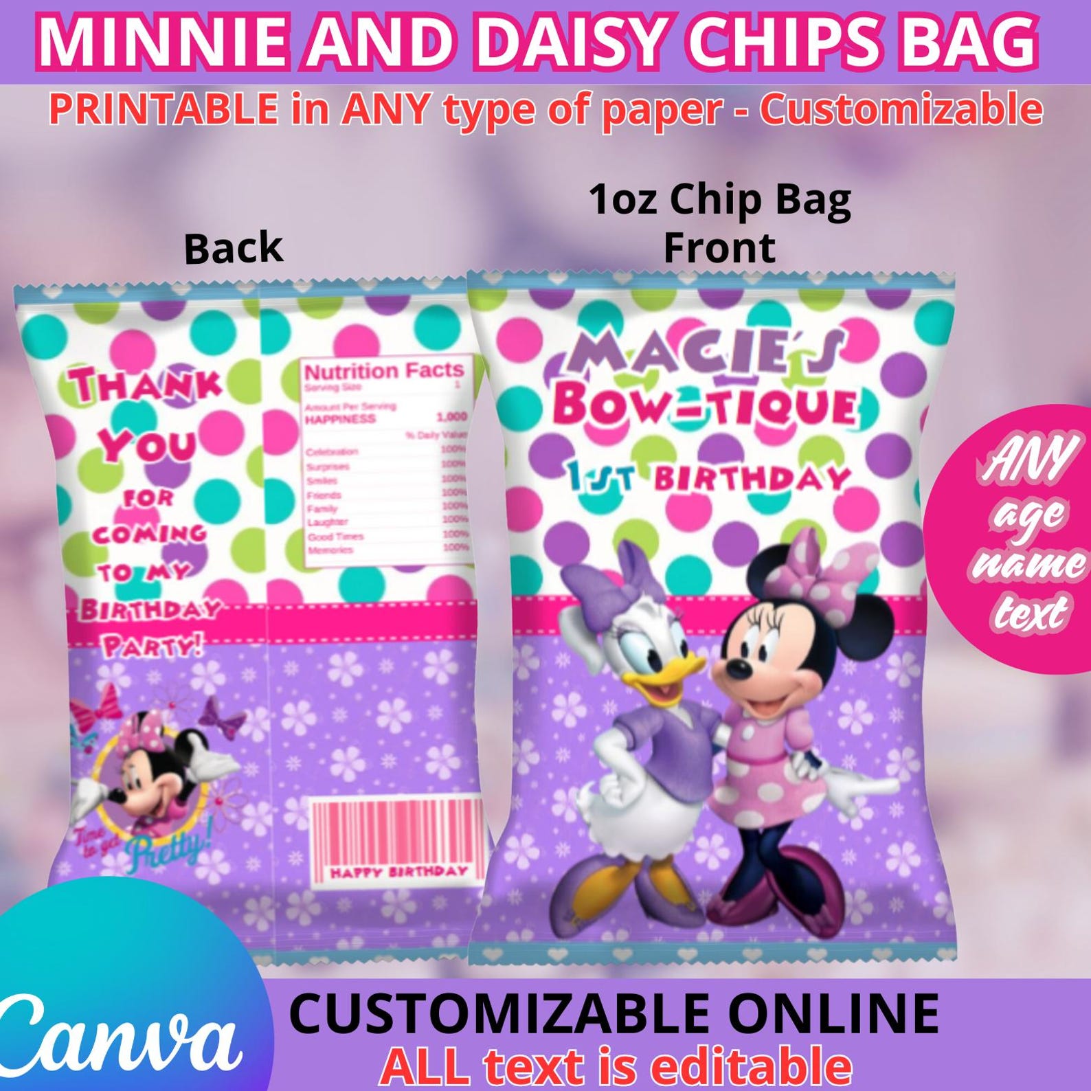 Minnie and Daisy Chips Bags. Editable in CANVA - Etsy