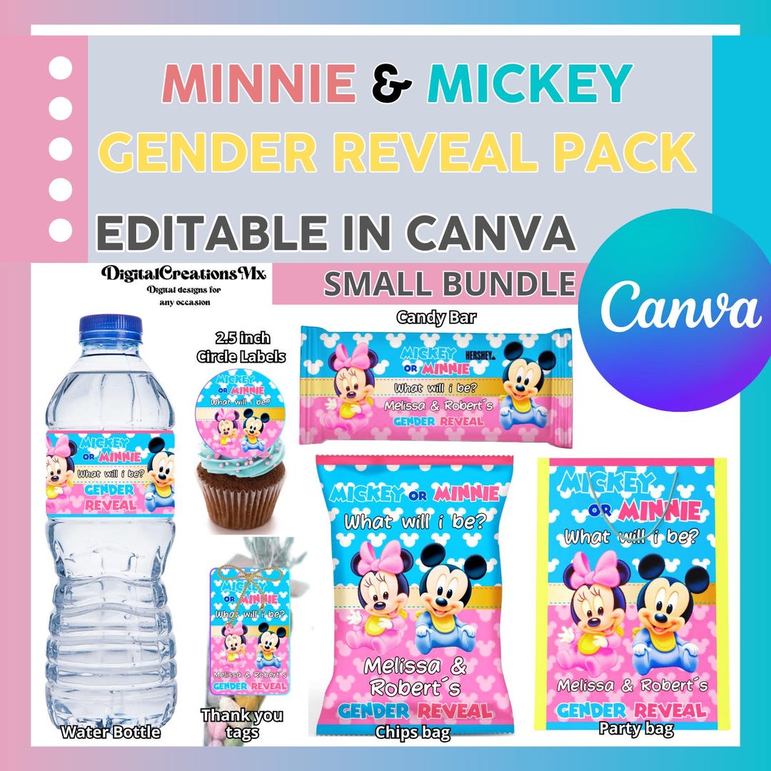 Baby Mickey and Minnie Gender Reveal Party Pack, Candy Bar, Chips ...