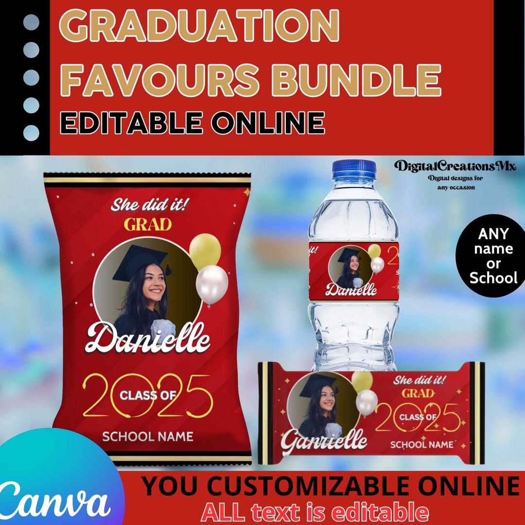 Graduation Party Favors: Water Bottle, Chip, Candy Bars. DIGITAL. Edit ...