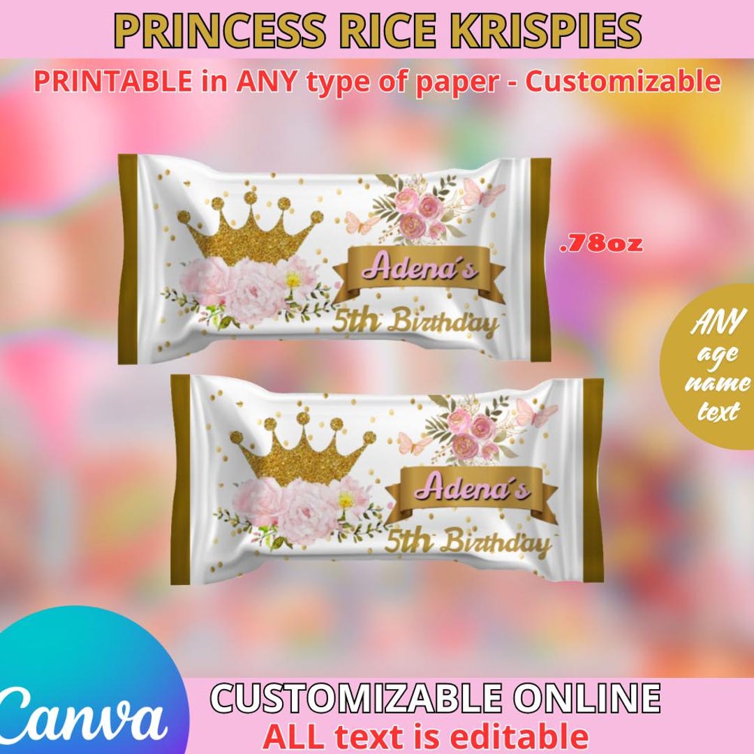 Princess Birthday - Rice Krispies Templete. Editable in CANVA - Etsy