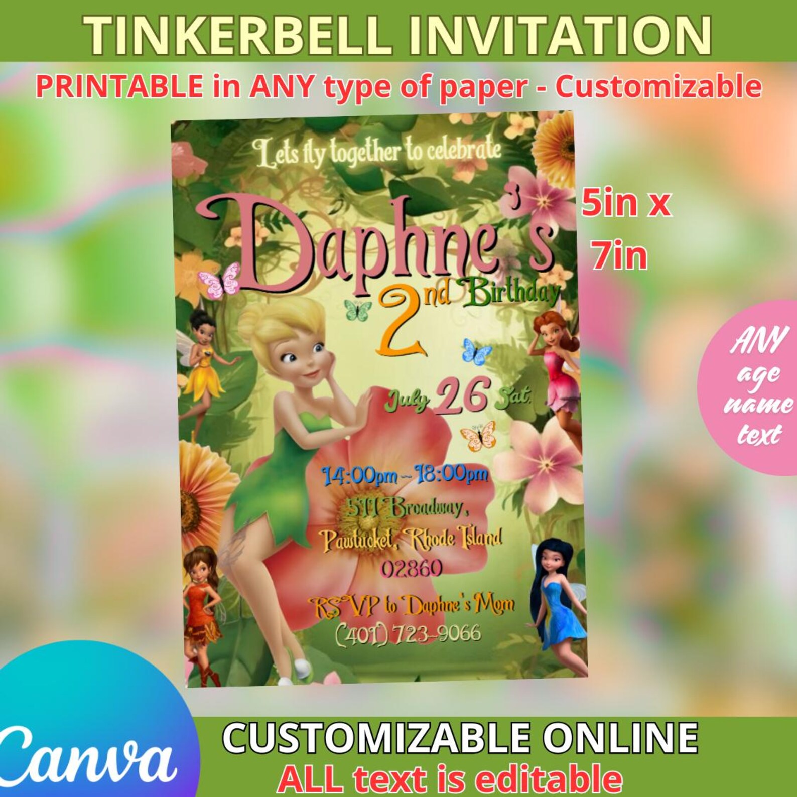 Tinker Bell Invitation 5x7in Templete. Editable in CANVA - Etsy