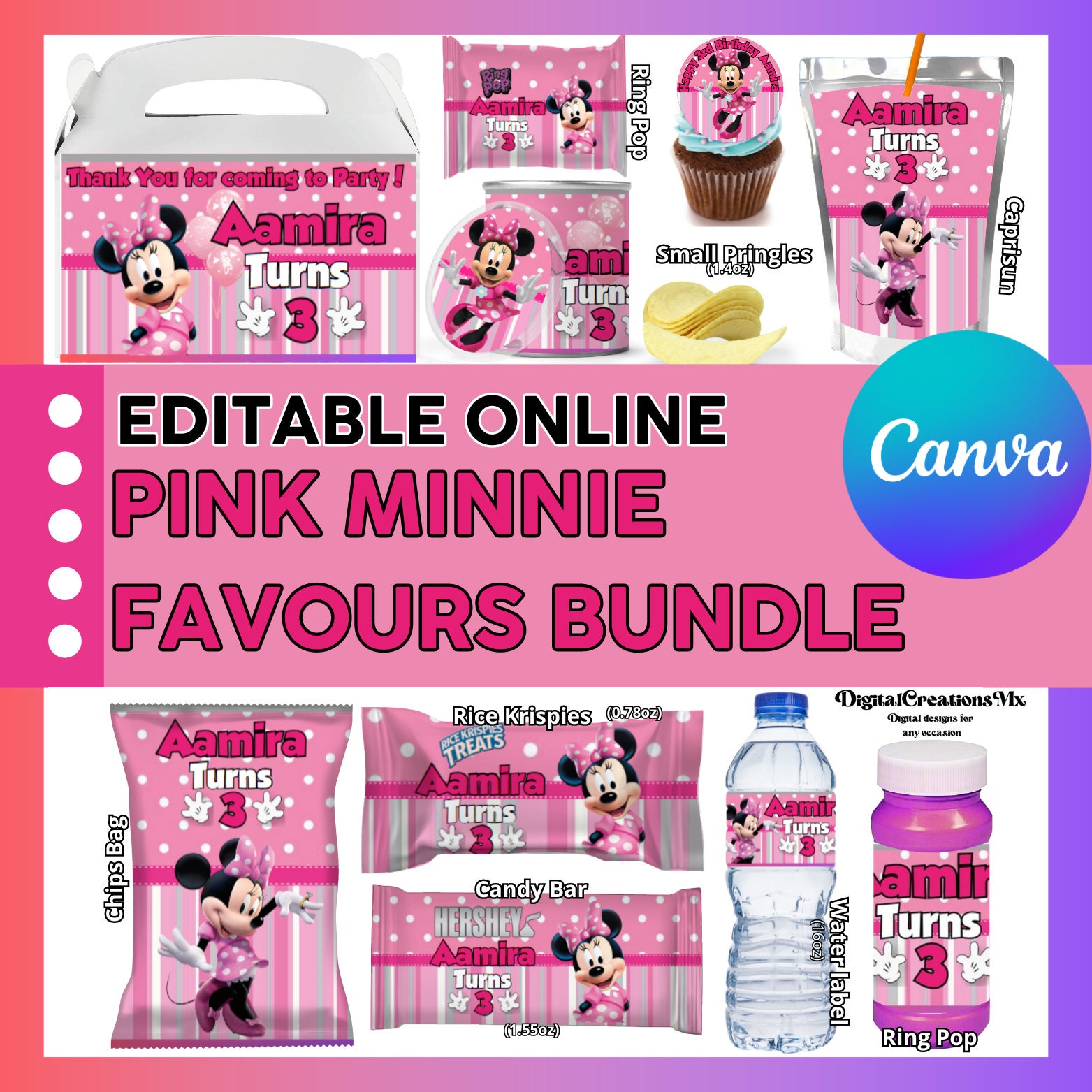 Minnie Mouse Pink 10 Party Favors, Water Bottle, Chip, Candy Bars ...