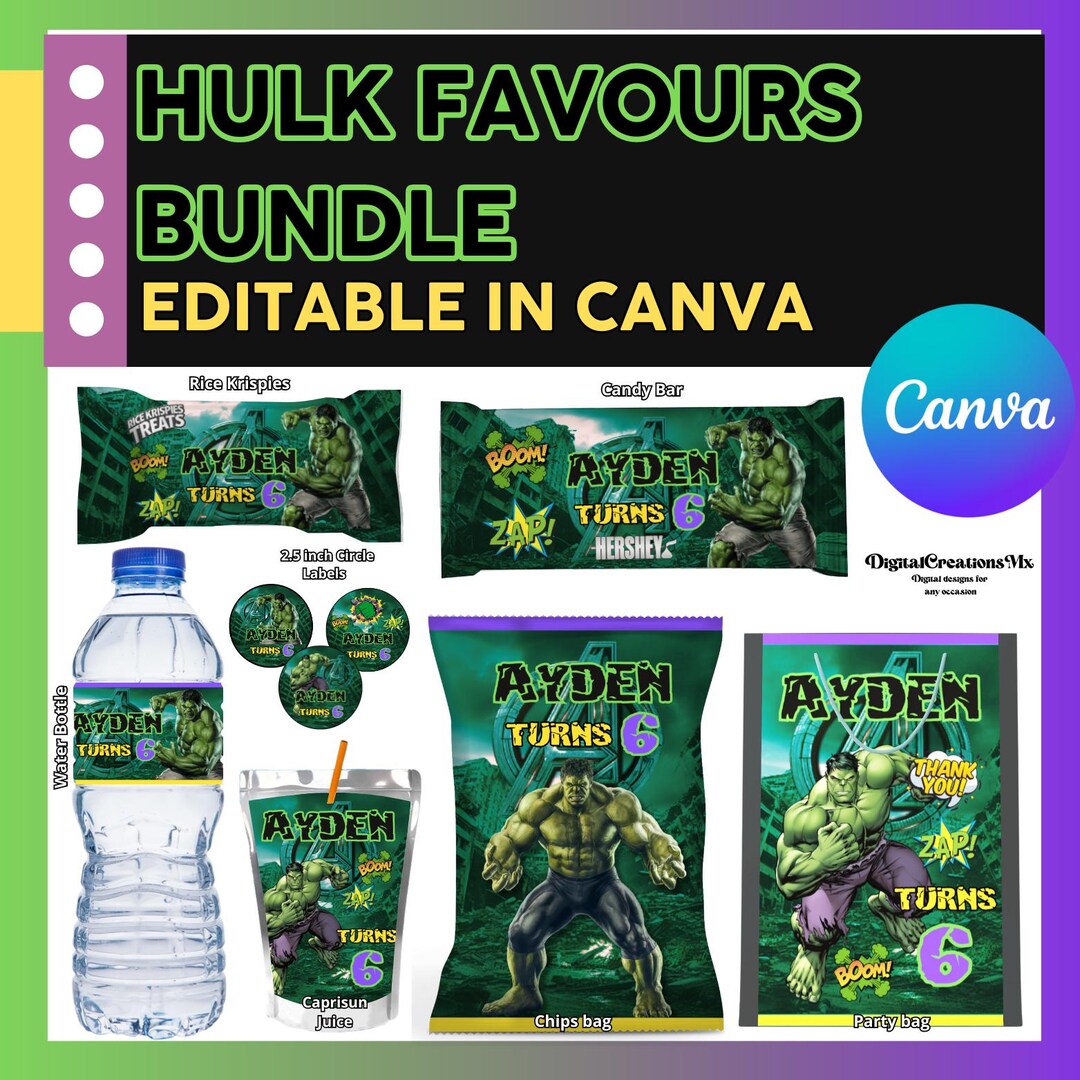 Inspired Hulk 7 Party Favors, Water Bottle, Chip, Candy Bars, Juice ...