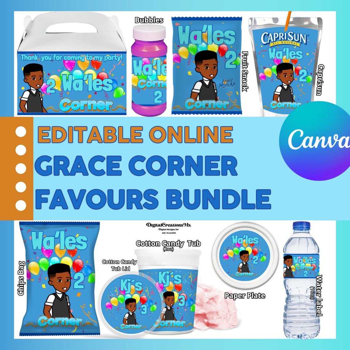 Birthday Gracie Corner Boy 8 Party Pack, Water Bottle, Chip, Juice and ...
