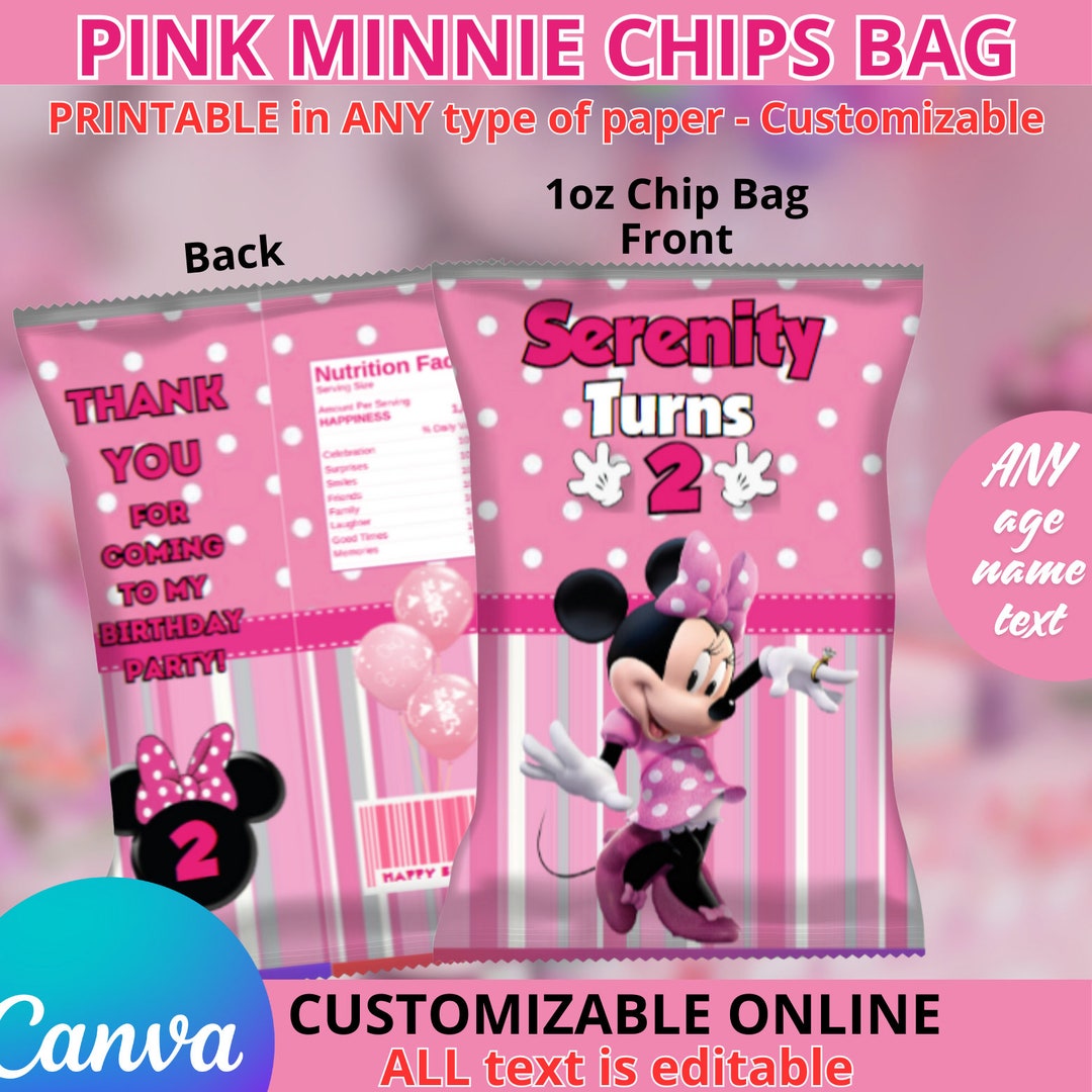 Minnie Mouse Pink Chips Bags. Editable in CANVA - Etsy