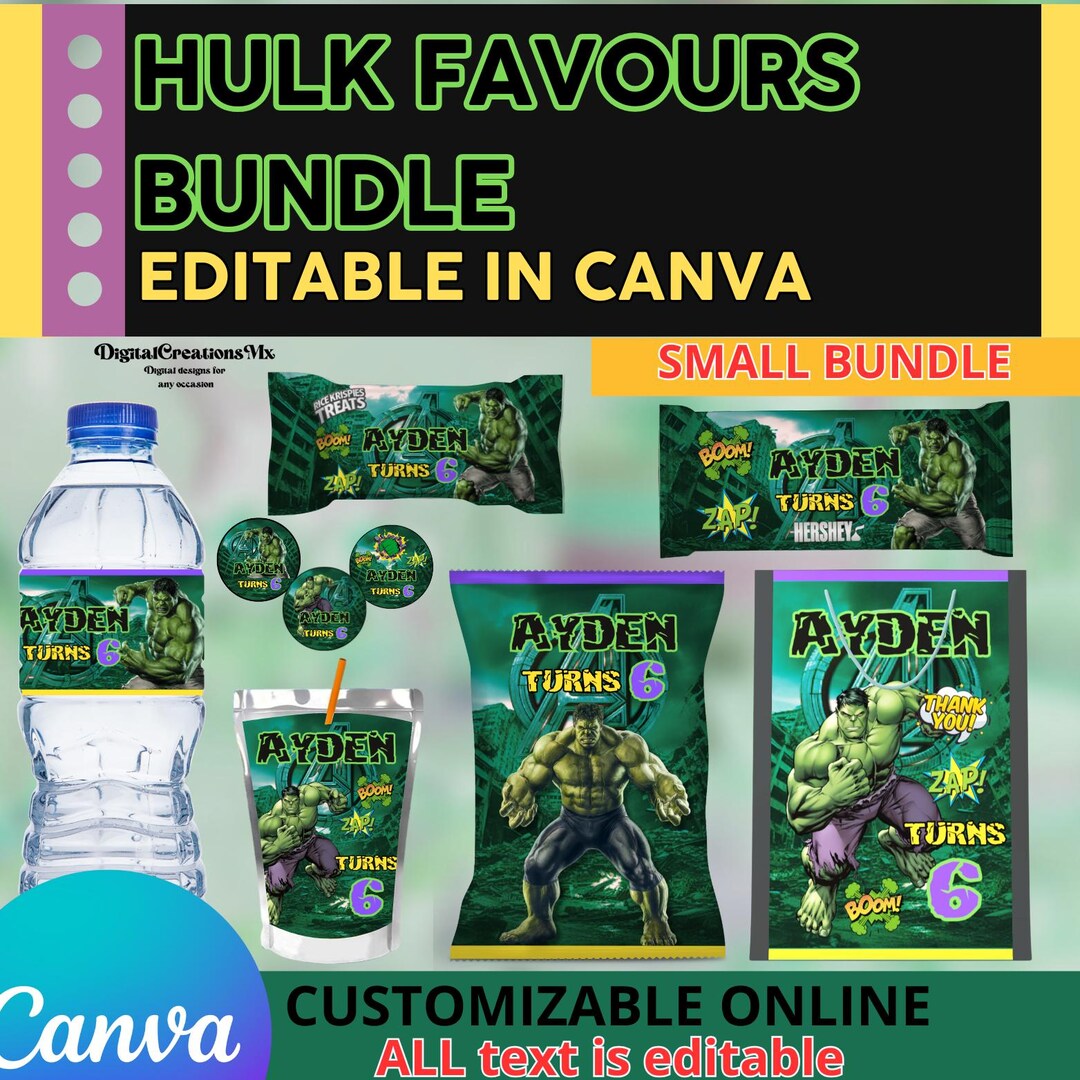 Inspired Hulk 7 Party Favors, Water Bottle, Chip, Candy Bars, Juice ...