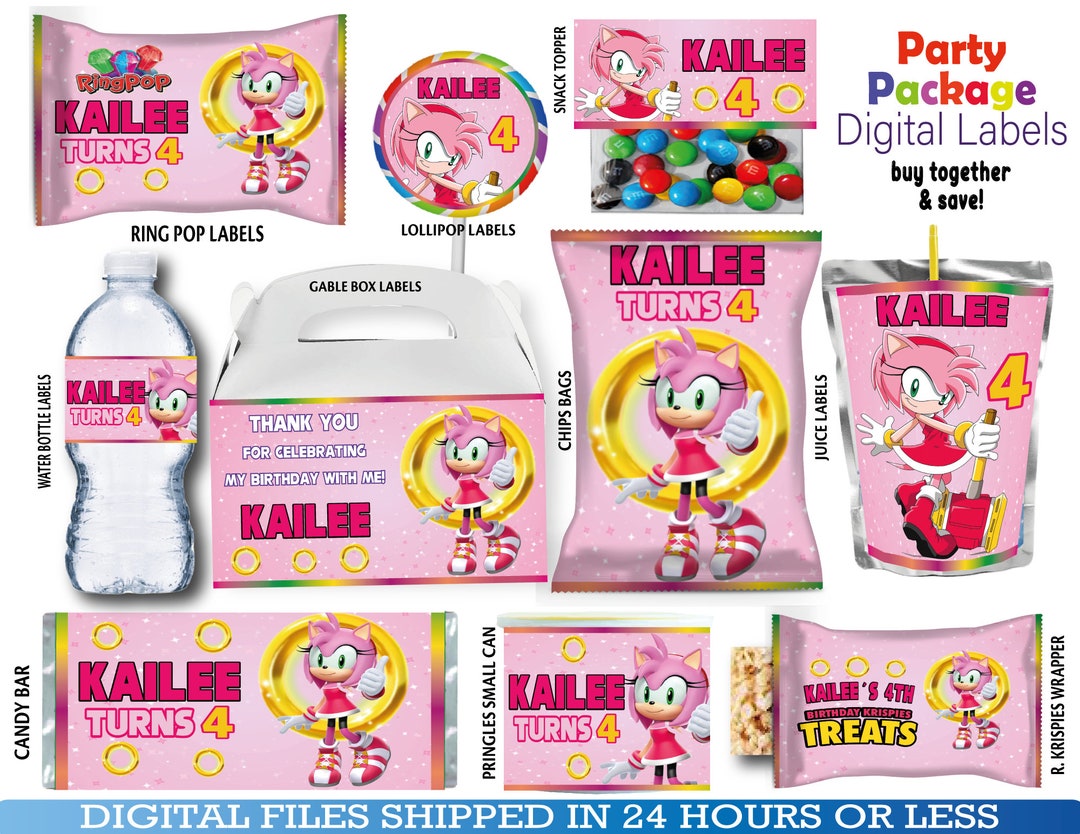 Sonic Amy Rose Party Favors, Water Bottle, Chip, Candy Bars, Juice ...