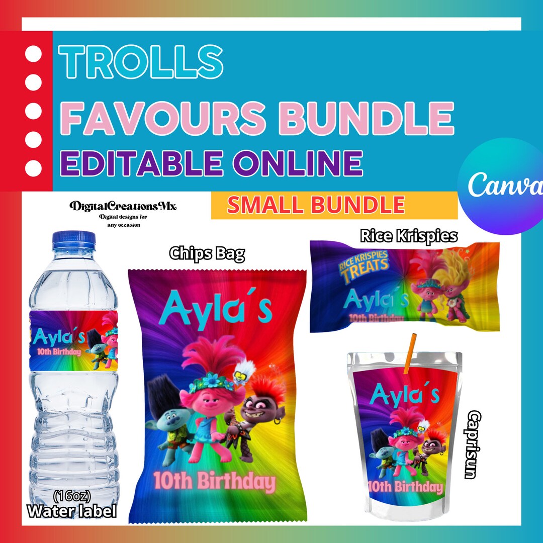 Trolls 4 Party Pack, Water Bottle, Chip, Rice Krispies and Juice Labels ...