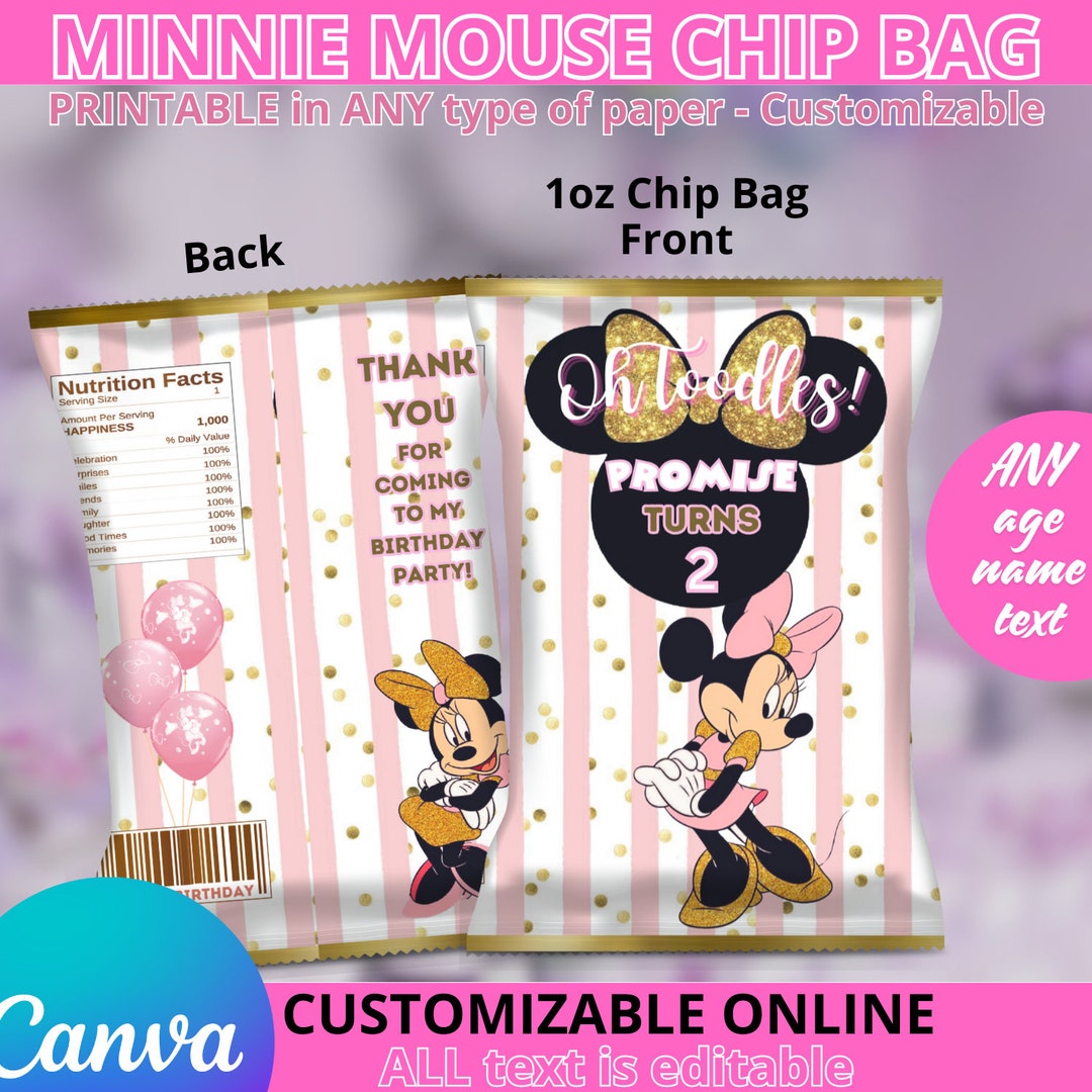 Minnie Mouse Gold and Pink Chips Bags. Custom Party Tag Canva Template ...