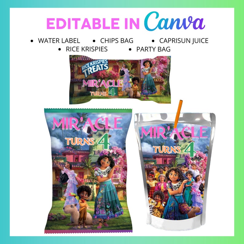Encanto Birthday 5 Pack. Chip Bag, Favor Bag. Juice, Water Bottle, and ...
