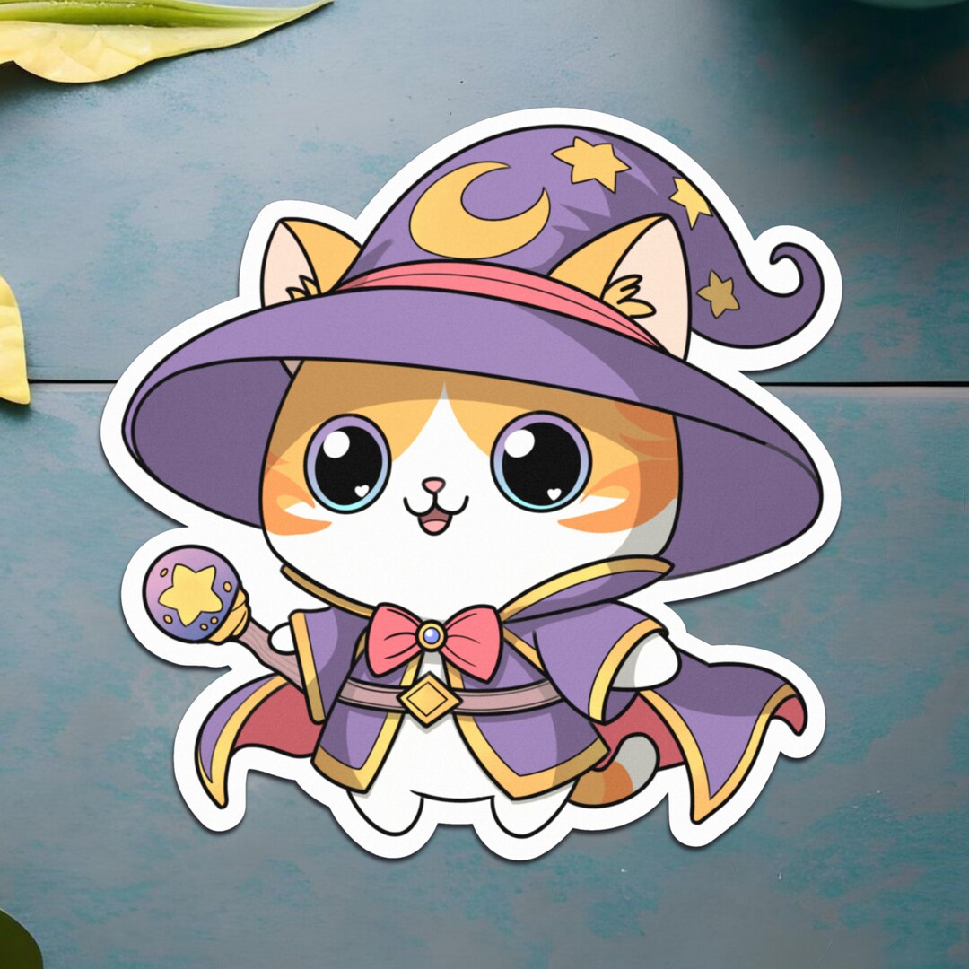 Meowgical Cute Wizard Cat Sticker | Kawaii Magical Kitty Decal ...