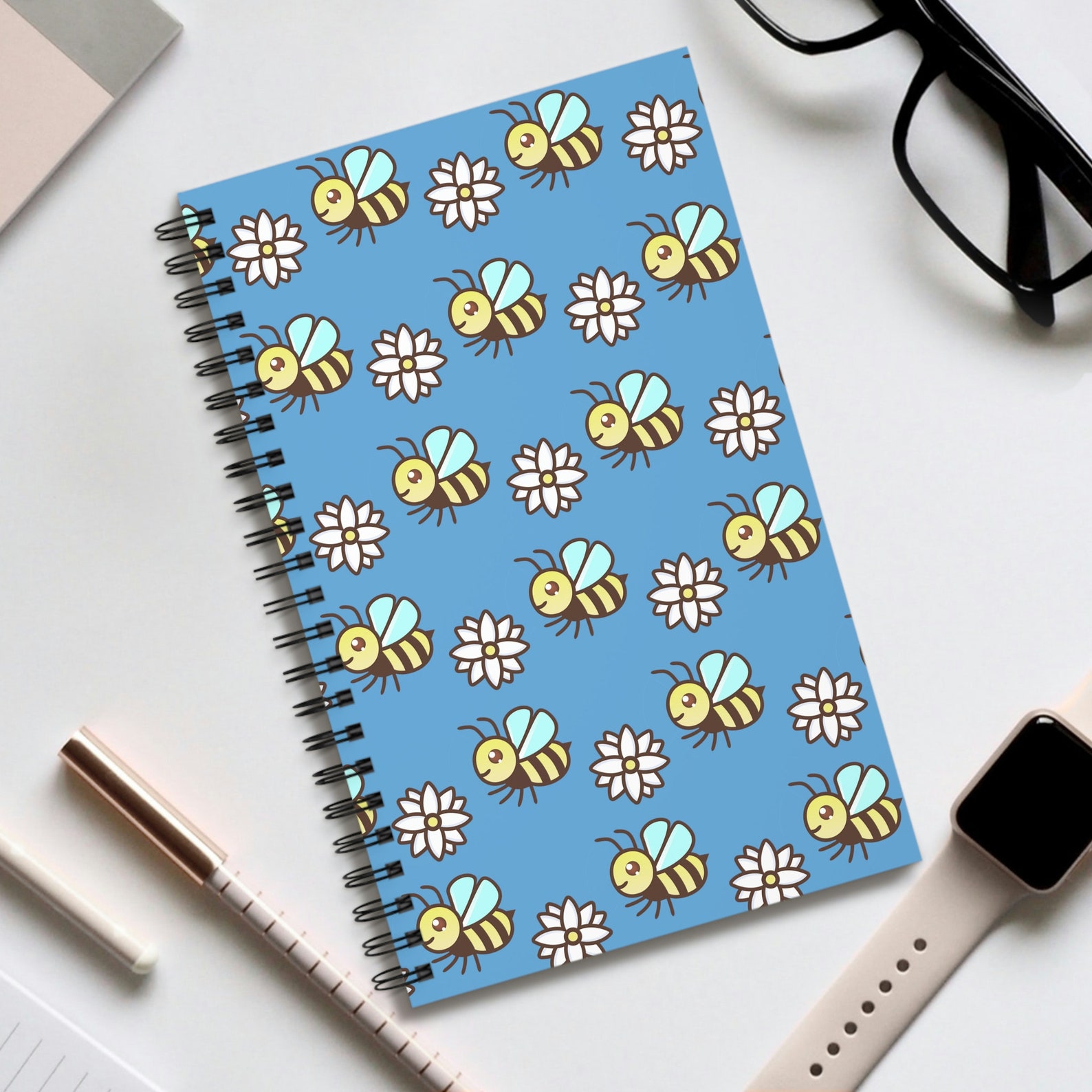 Kawaii Cute Bee With Flowers Blue Spiral Journal Sketchbook - Etsy