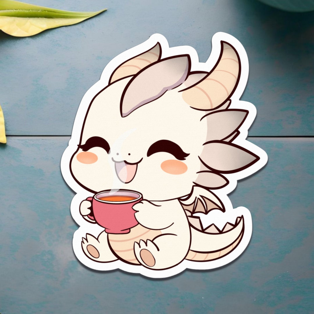 Happy Dragon Drinking Tea Sticker | Cozy Kawaii Decor | Cute Tea Lover ...