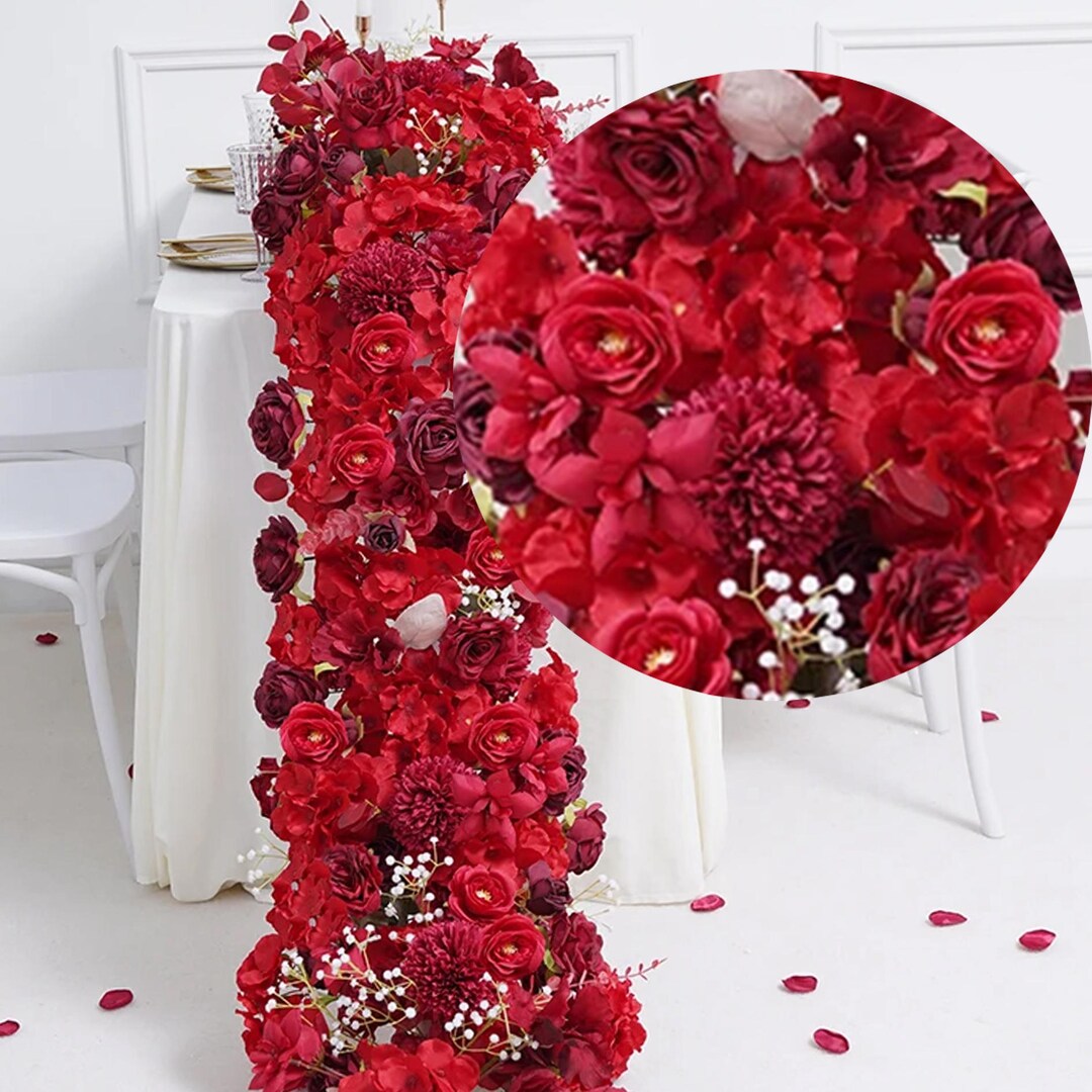 Burgundy Red Rose Hydrangeas Flower Garland Table Forals Runner ...