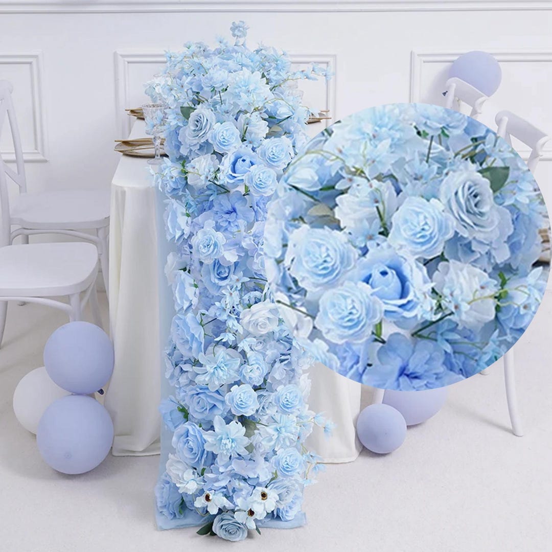 Light Blue Hydrangea Rose Long Table Foral Runner Flower Row,wedding ...