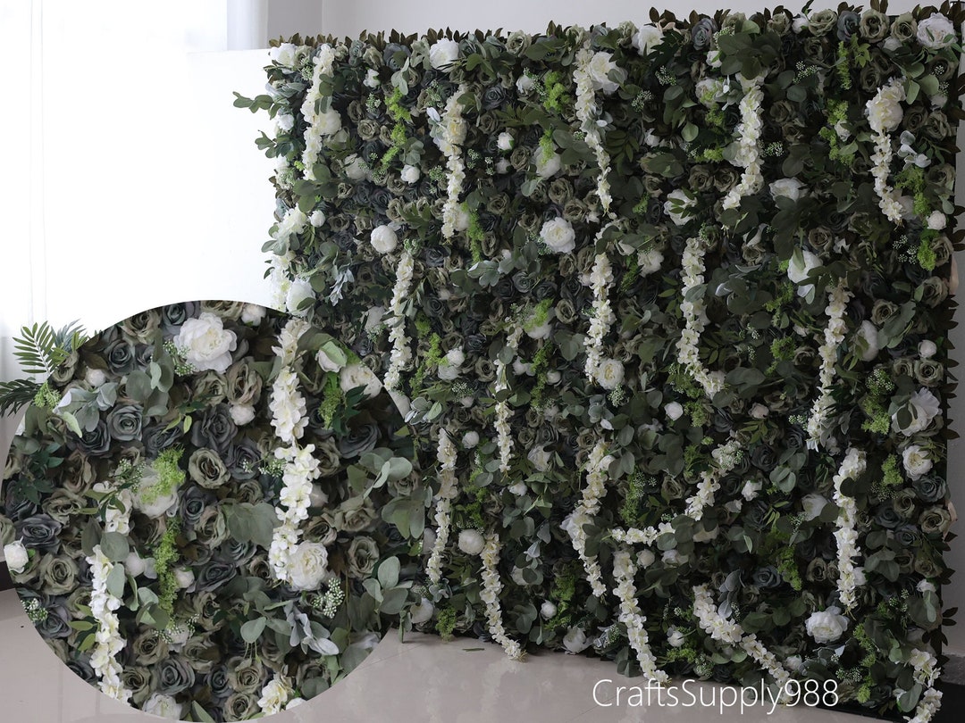 5D Plastic Grid Artificial Flower Wall Dusty Green Rose Plant Panel ...