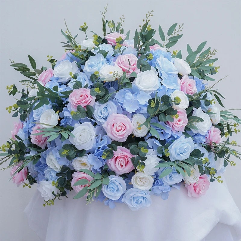 Baby Blue Pink Rose Flower Ball,eucalyptus Leaf Flower Table Runner ...