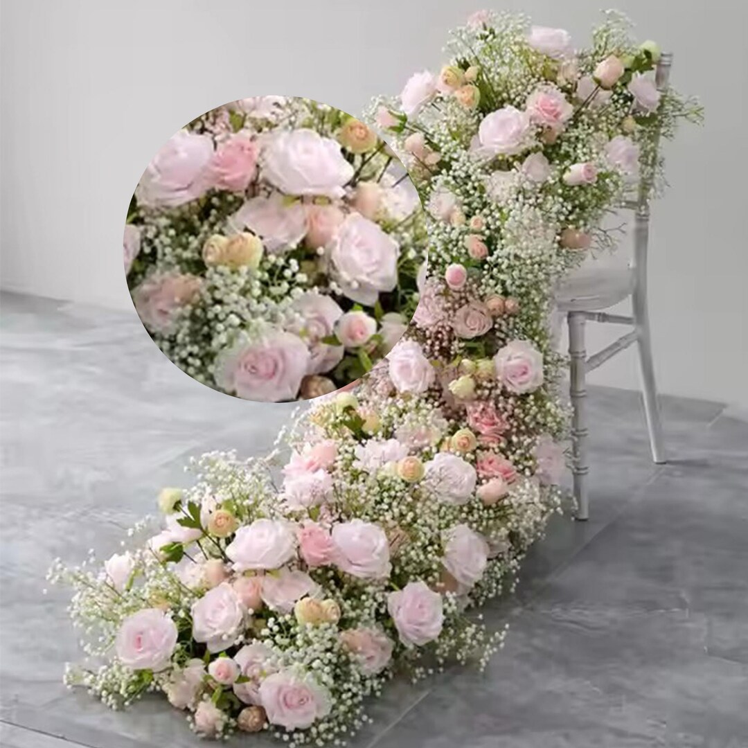 Pink Blush Rose Baby's Breath Table Runner Silk Flower Row,wedding ...