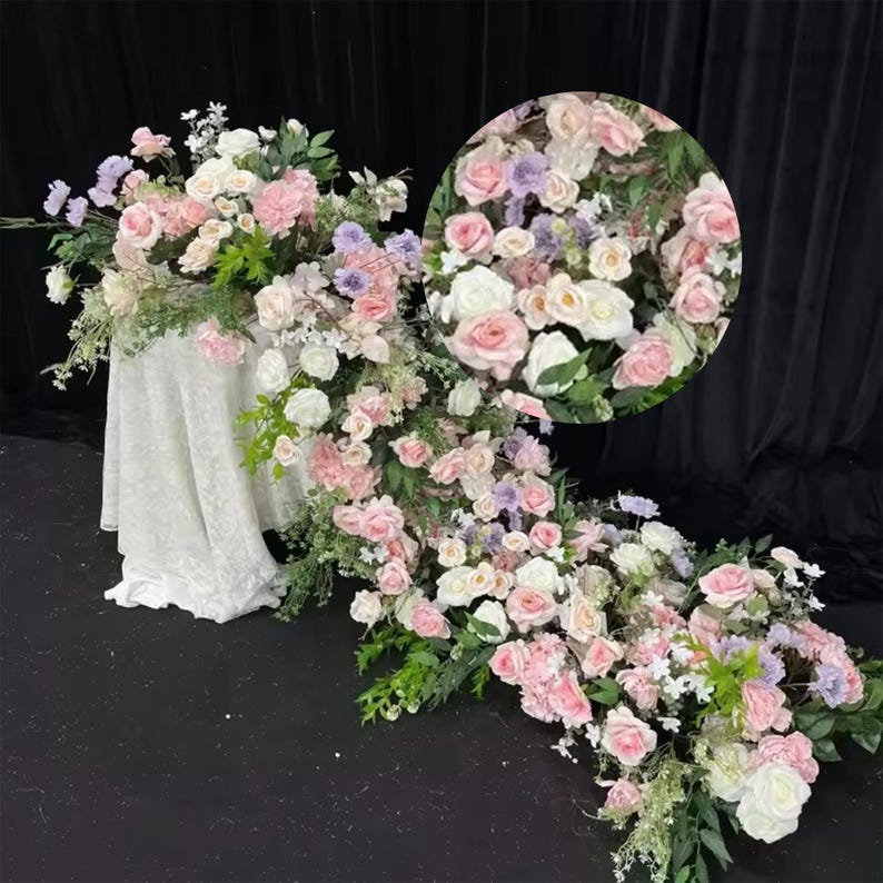 Pink White Rose With Greenery Table Sofa Foral Runner Flower Rows ...
