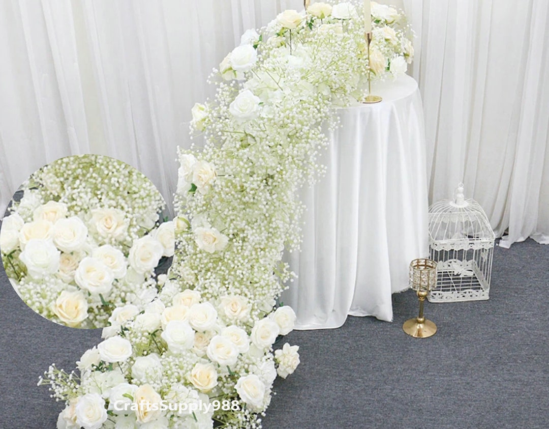 Ivory Rose White Gypsophila Baby's Breath Table Runner Flower Row ...