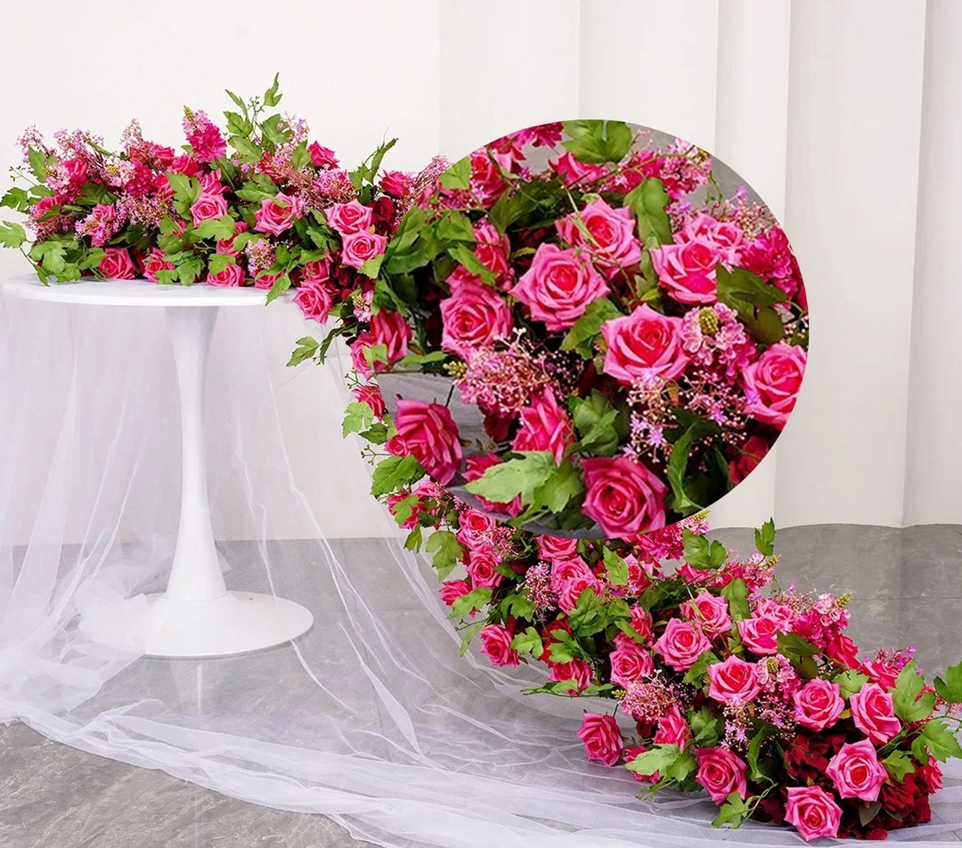 5D Rose Green Leaves Flower Row,fushia Flower Row Table Centerpiece ...