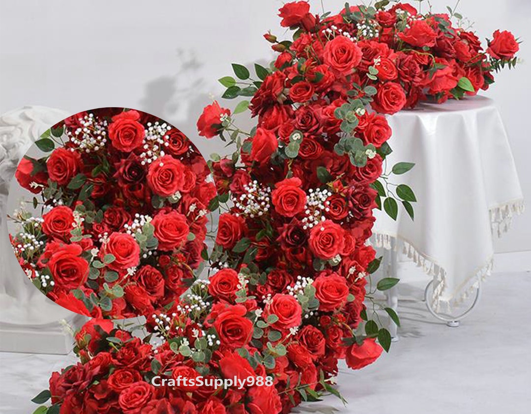 Red Rose Baby's Breath and Greenery Table Runner Flower Row,wedding ...