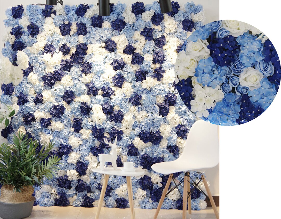 Baby Blue Ivory Royal Blue Artificial Roses Flower Wall Backdrop for ...
