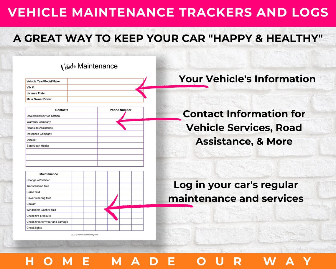 Car Maintenance Tracker and Log Printables - Record Your Vehicle's ...