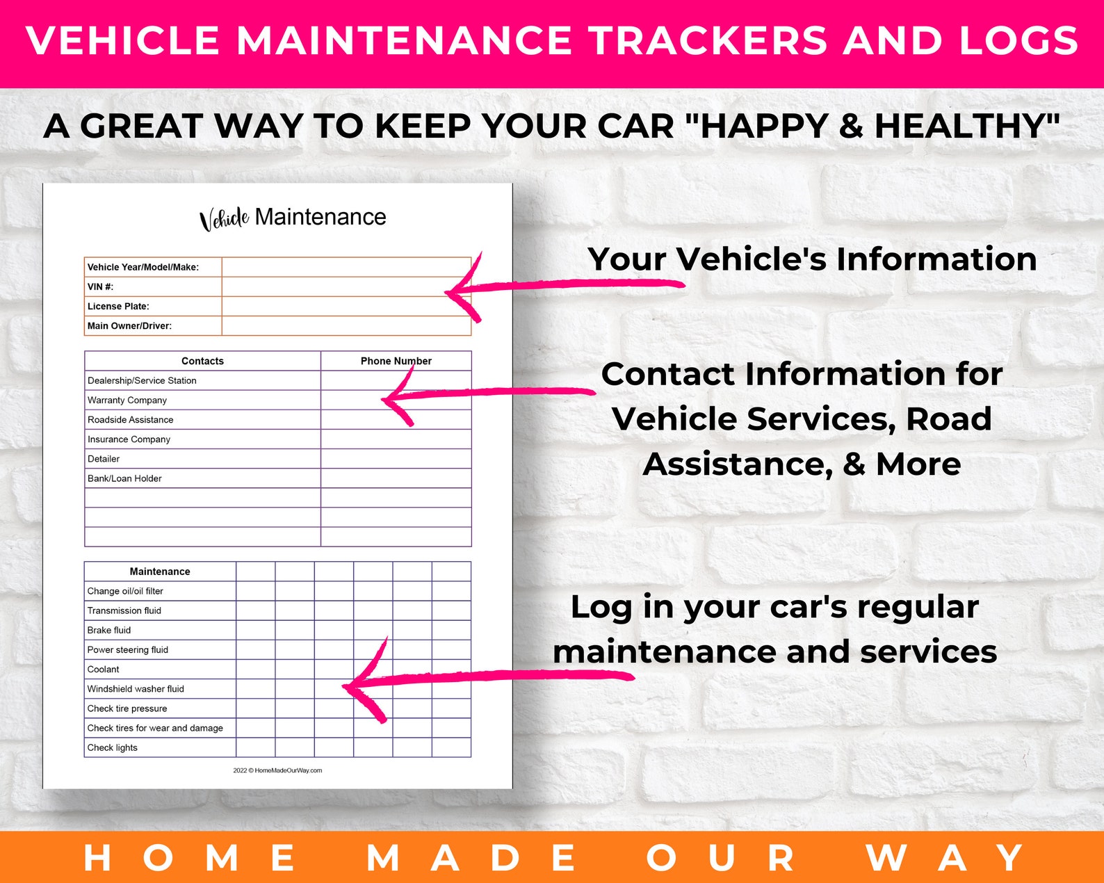 Car Maintenance Tracker and Log Printables - Record Your Vehicle's ...