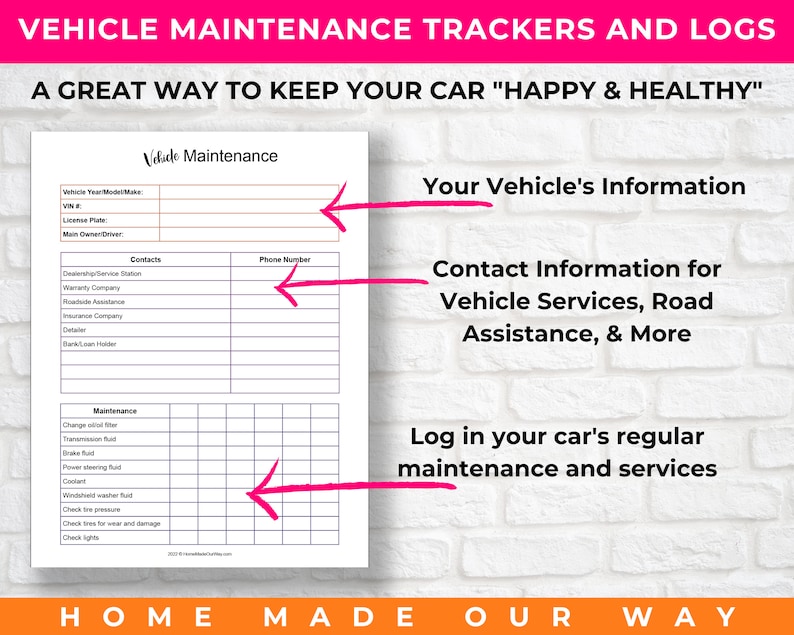 Car Maintenance Tracker and Log Printables - Record Your Vehicle's ...