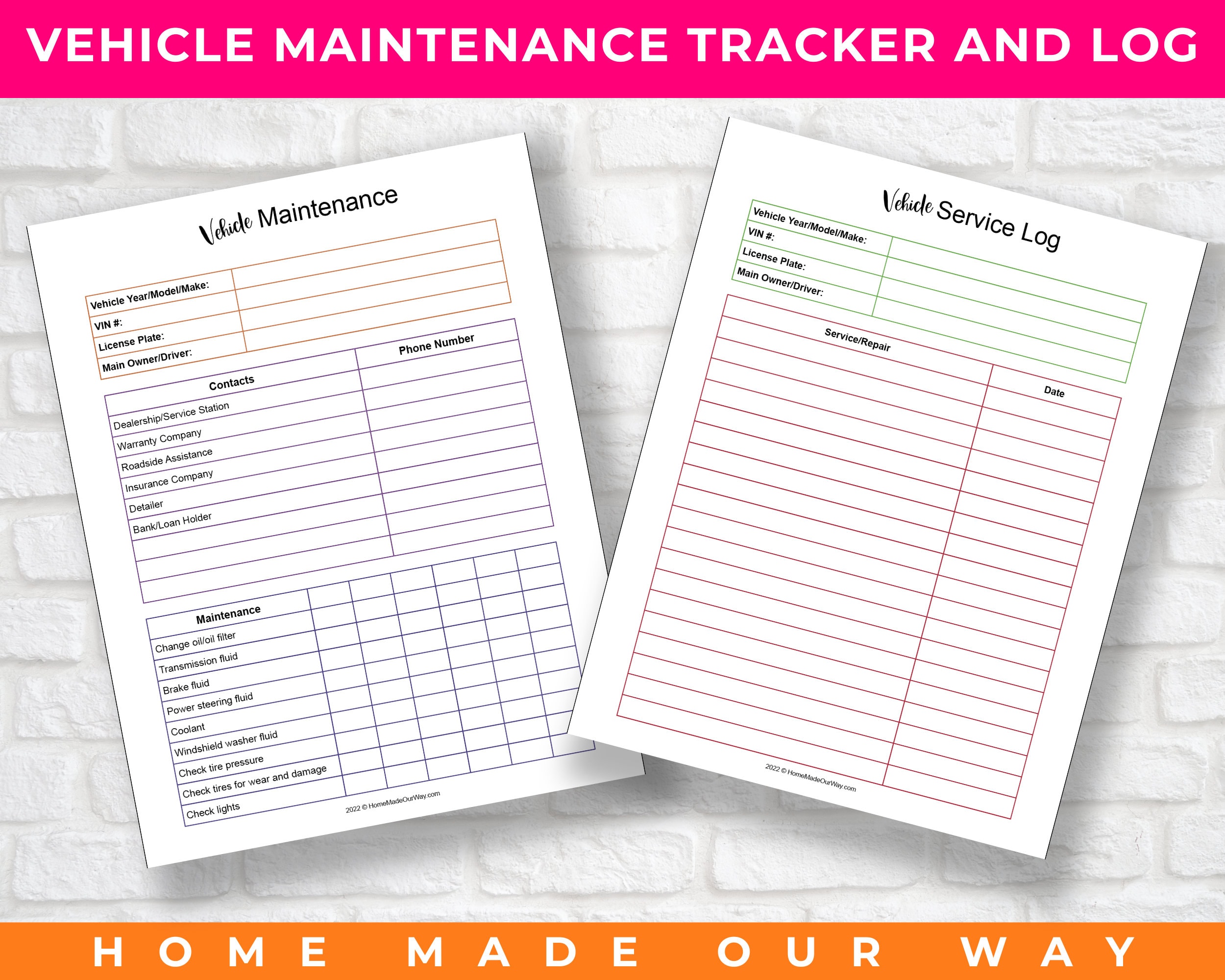 Car Maintenance Tracker and Log Printables - Record Your Vehicle's ...