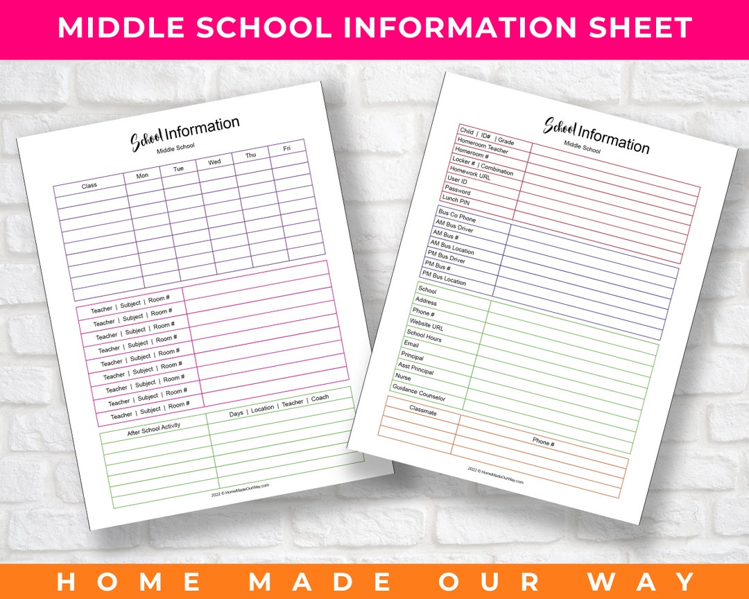 Middle School Information Printable - Stay Informed of Your Child's Schooling E1 - Etsy