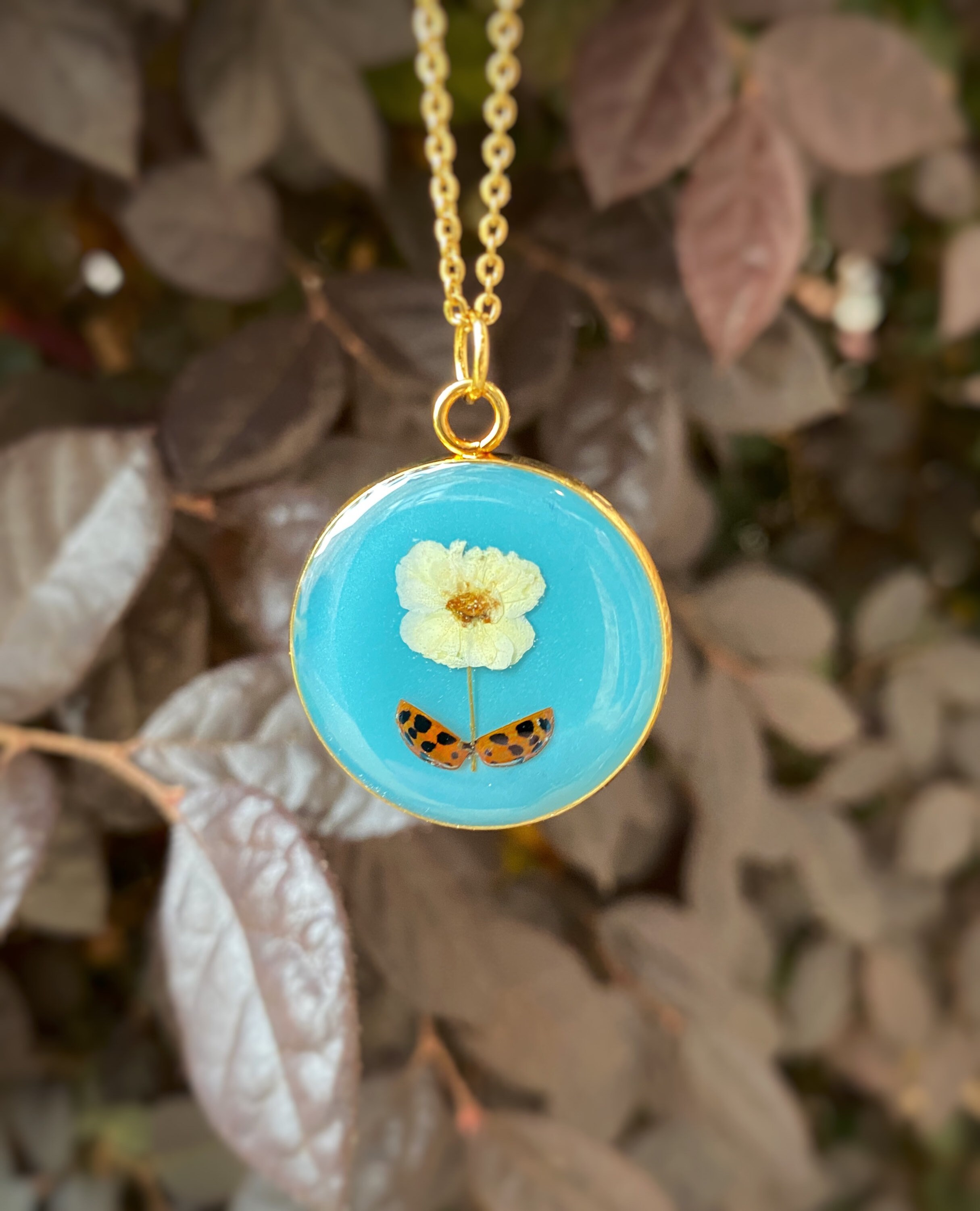 Real Ladybug Floral Necklace, Ladybug Wings, Pressed Flowers, Resin ...