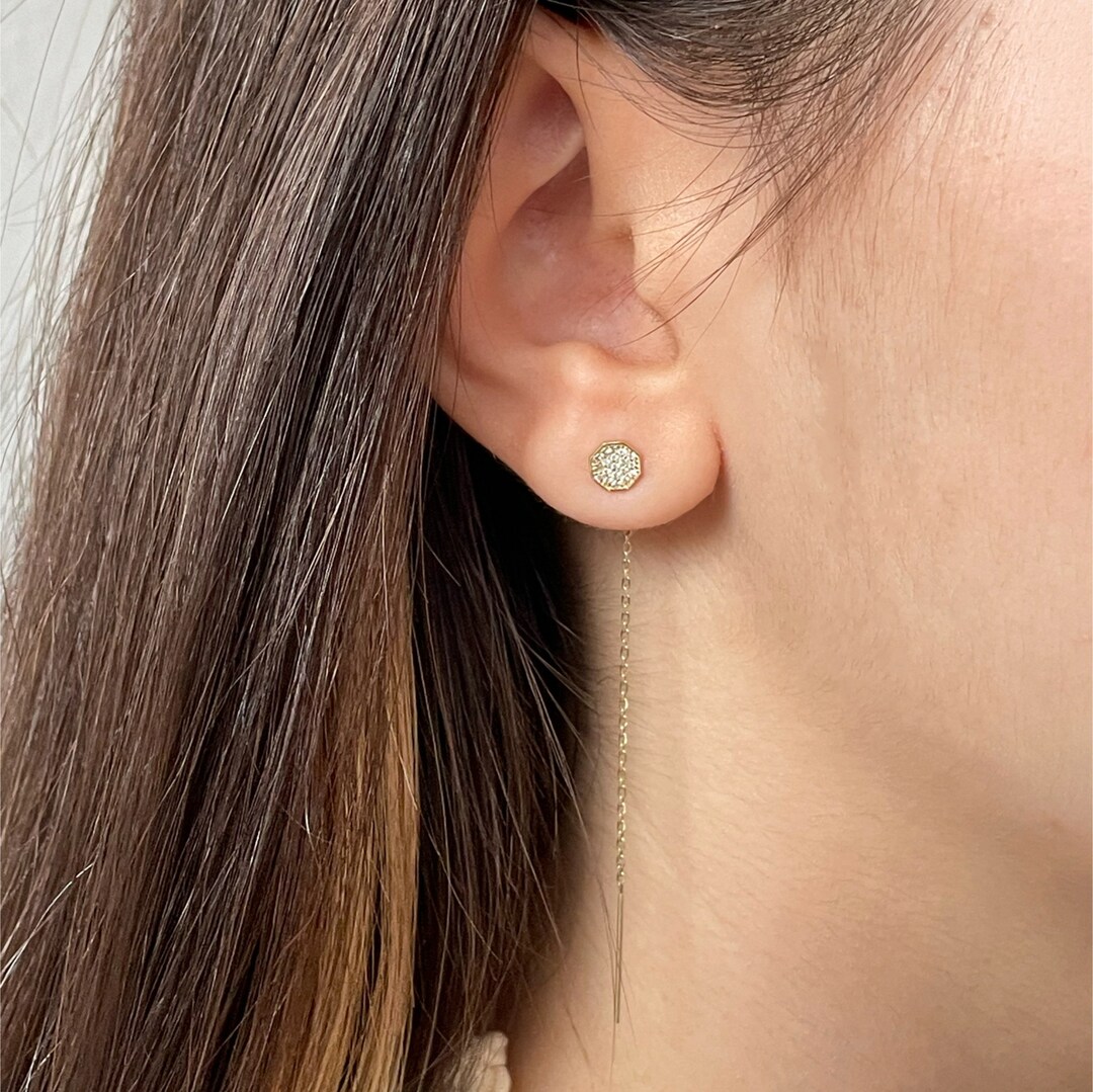 Octagon Pull Through Chain Earings in 14K Gold With Zirconia Stones - Etsy