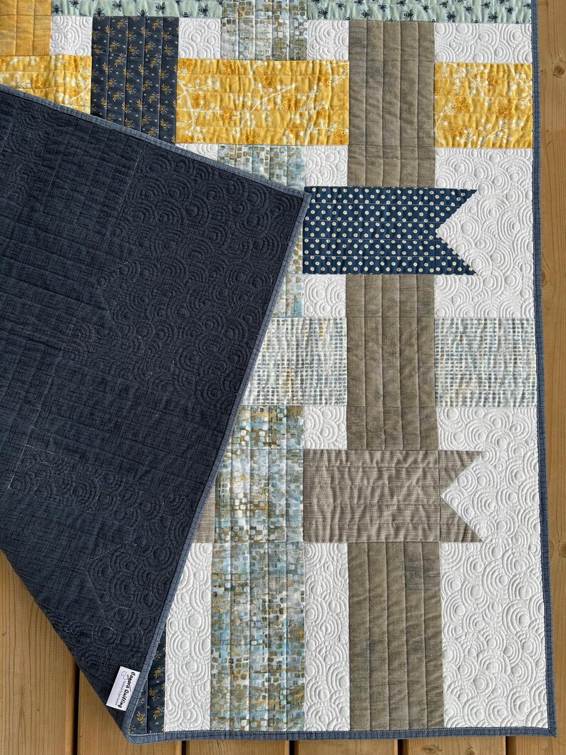 Handcrafted Blue Yellow Peach Ribbon Box Quilt - Lap Throw Size - 53" X ...