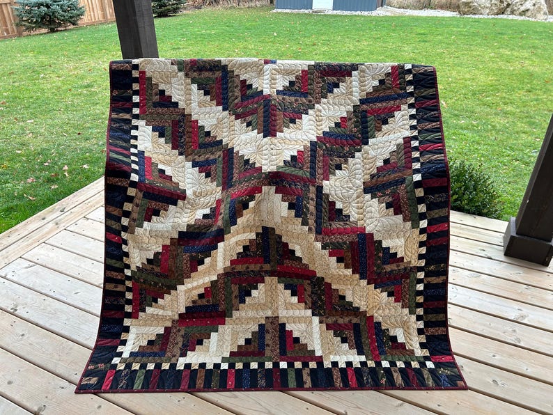 Rustic Log Cabin Quilt With Piano Key Border - Lap Throw Size - 56" X ...