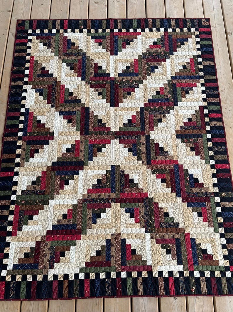 Rustic Log Cabin Quilt With Piano Key Border - Lap Throw Size - 56" X ...