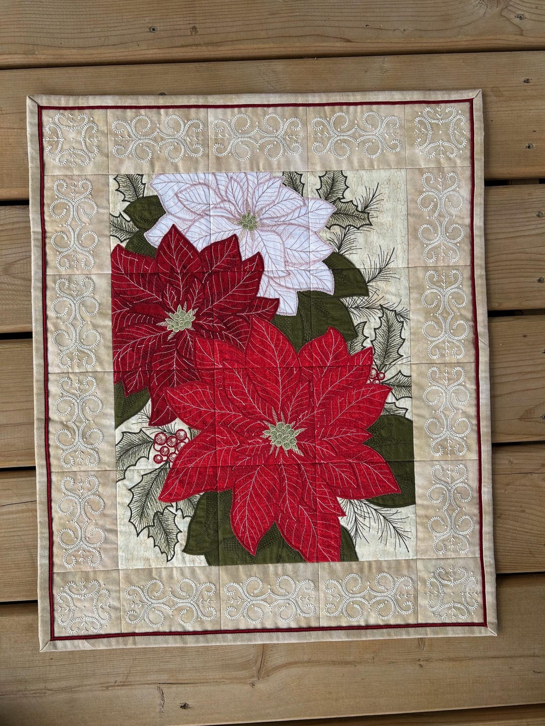 Embroidery Poinsettia Holiday Table or Wall Quilt - 19x23 - Etsy