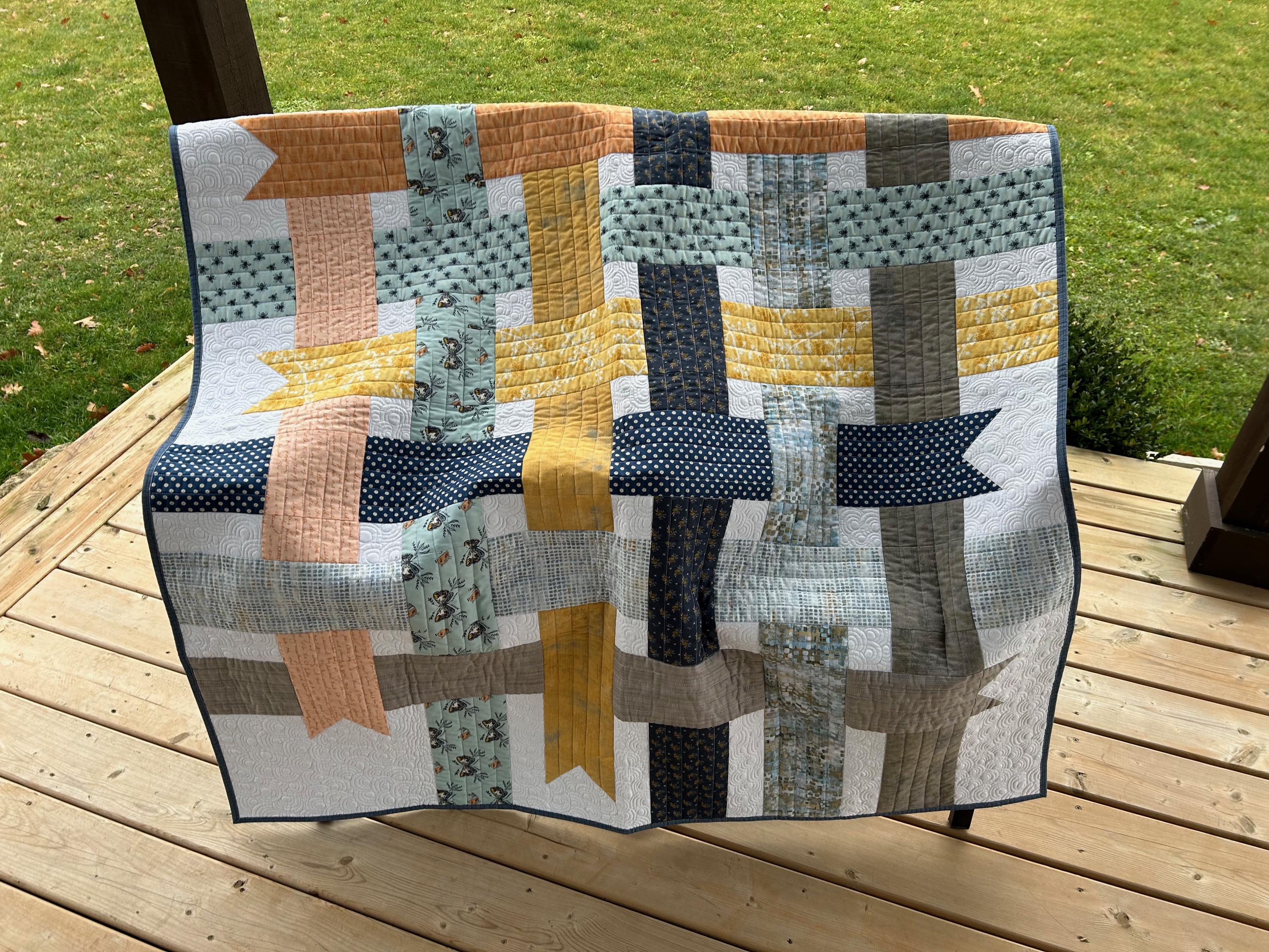 Handcrafted Blue Yellow Peach Ribbon Box Quilt - Lap Throw Size - 53" X ...