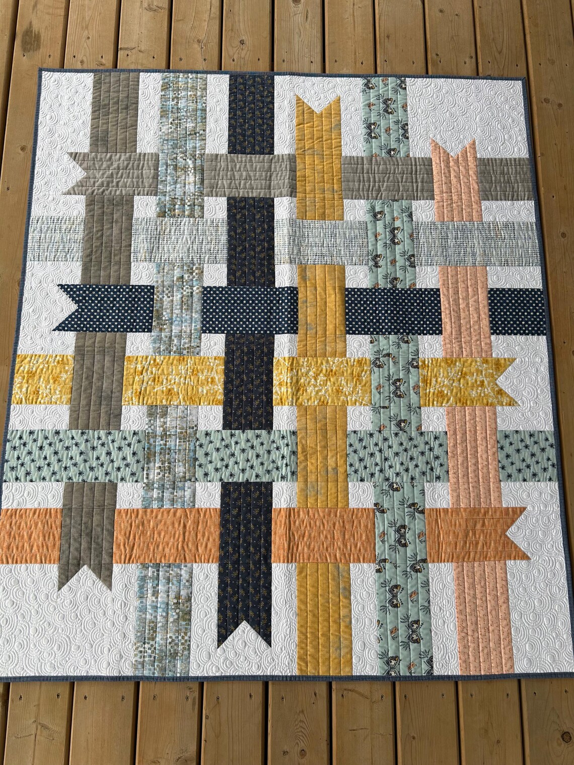 Handcrafted Blue Yellow Peach Ribbon Box Quilt - Lap Throw Size - 53" X ...
