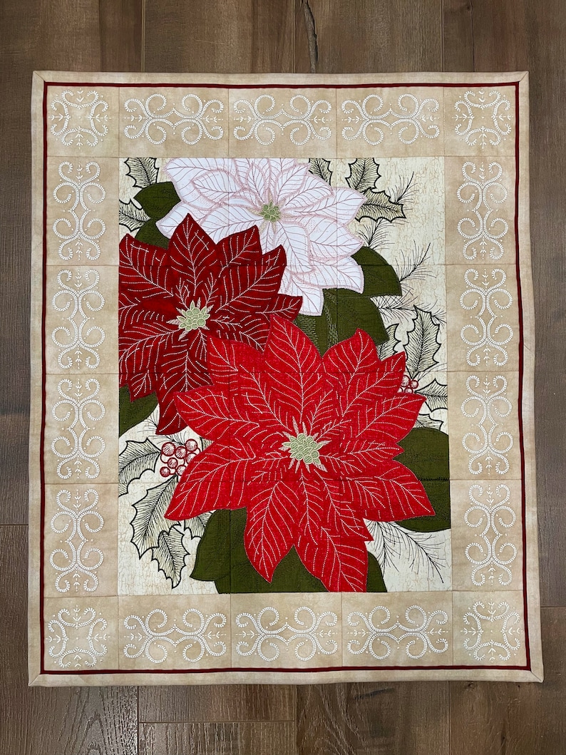 Embroidery Poinsettia Holiday Table or Wall Quilt - 19x23 - Etsy