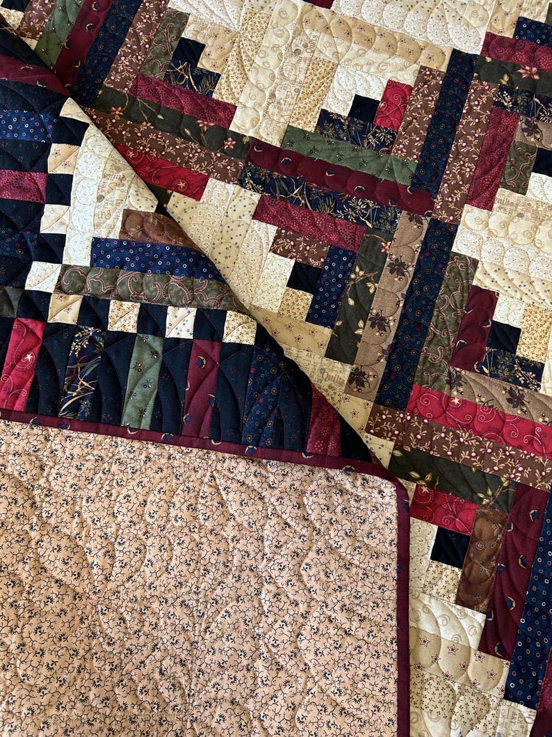 Rustic Log Cabin Quilt With Piano Key Border - Lap Throw Size - 56" X ...