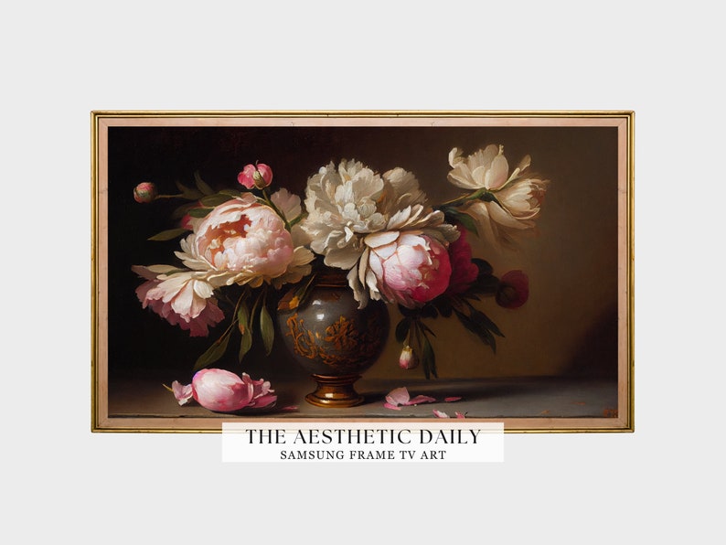 Samsung Frame TV Art | Vintage Moody Oil Painting of Pink Peonies ...